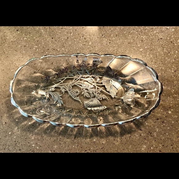 Flanders | Dining | 96s Vintage Glass Silver Overlay Floral Relish Dish ...